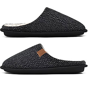 COFACE Mens Black Woolen Cozy Memory Foam Scuff Slippers Slip On Warm House Shoes Indoor/Outdoor with Best Arch Surpport