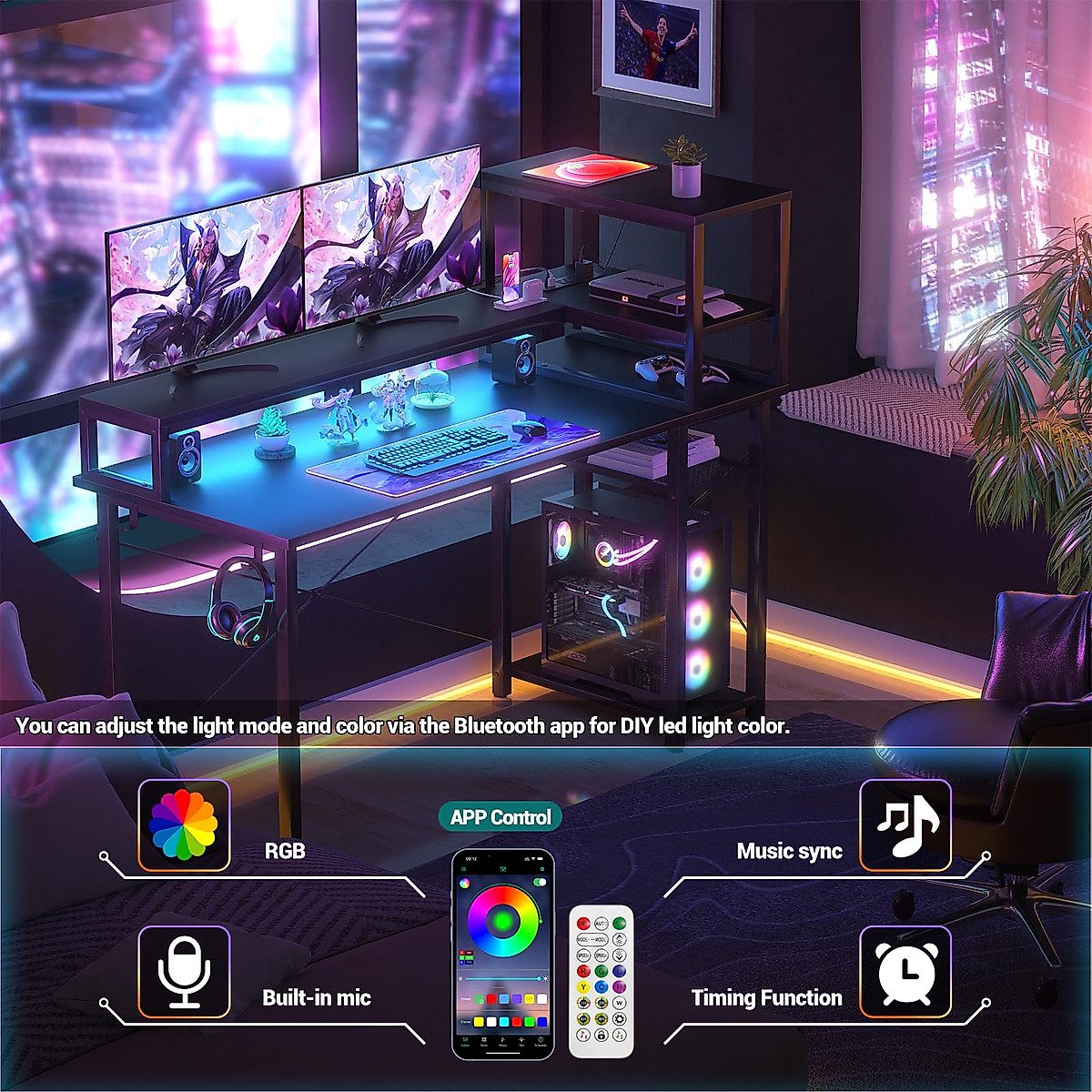 Cyclysio Gaming Desk 47", Computer Desk with Reversible Storage Shelves, Home Office Desk with Power Outlets & RGB Led Lights, Small Desk for Gaming, Studying, Working, Black