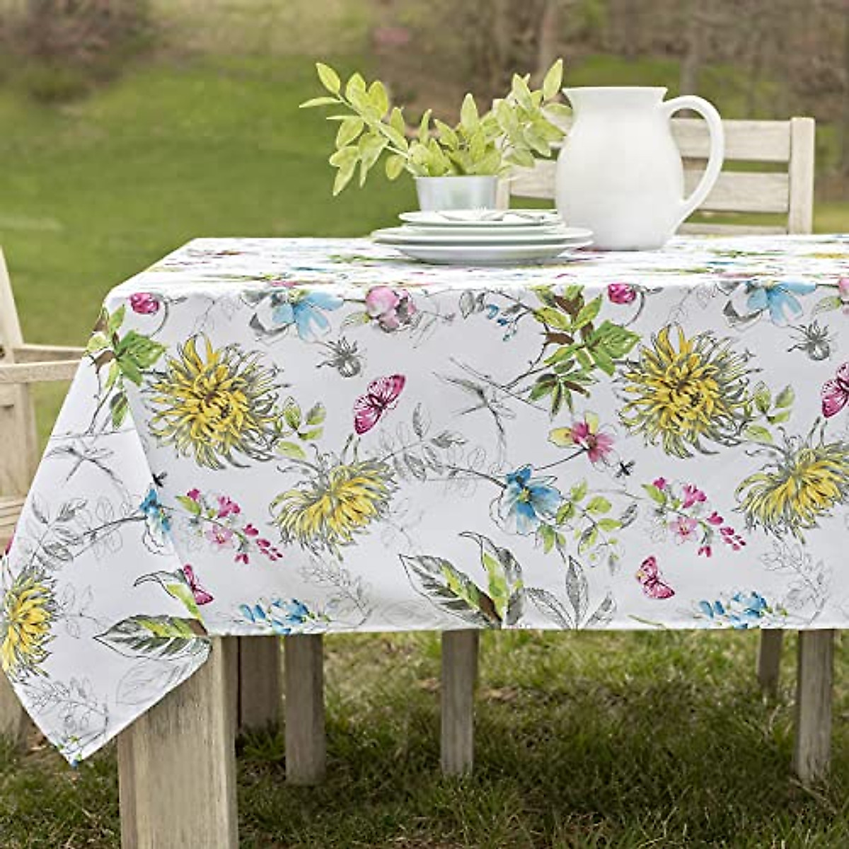 Benson Mills Spillproof Spring/Summer Fabric Outdoor Tablecloth with Umbrella Hole, Zippered Table Cloth for Rectangle Tables, Picnic/Patio (Blooming Floral, 60" X 84" Rectangular with Umbrella Hole)