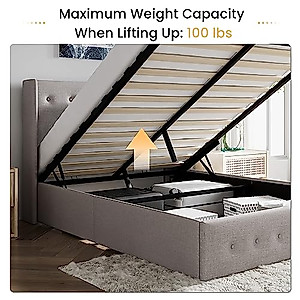SHA CERLIN Queen Size Lift Up Storage Bed/Button Tufted Wingback Headboard/Hydraulic Storage/Upholstered Platform Bed Frame/No Box Spring Needed/Wood Slats Support/Light Beige