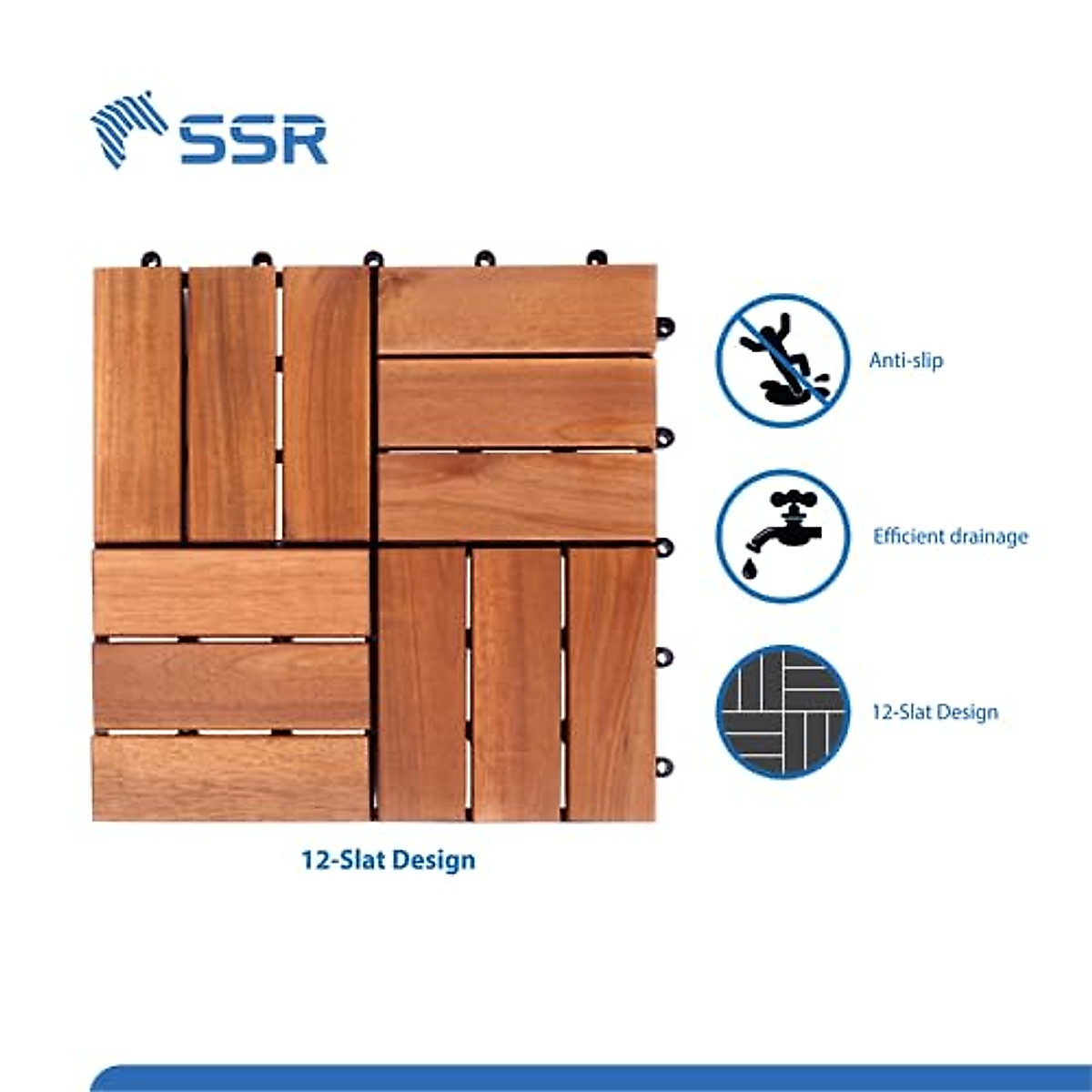 SSR VINA Acacia Deck Tiles, Interlocking Floor Tiles, Patio Tiles, Deck Tiles, Outdoor Tiles for Patio, Interlocking Deck Tiles, Balcony Tiles, Easy Deck (Pack of 9, 12"x12")