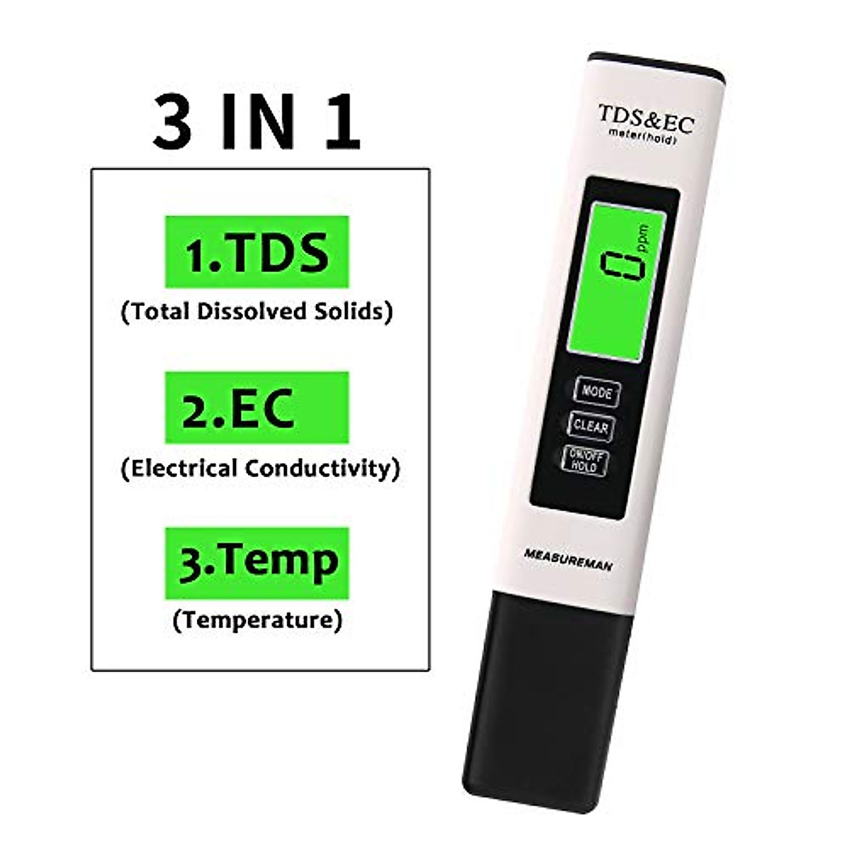 MEASUREMAN PH Meter and TDS Meter Combo，0-14 PH Value, 0.01 Resolution TDS Meter, EC Meter & Temperature Meter 3 in 1, Accuracy ± 2%, 32.0-176.0°F Green Backlight Meter"