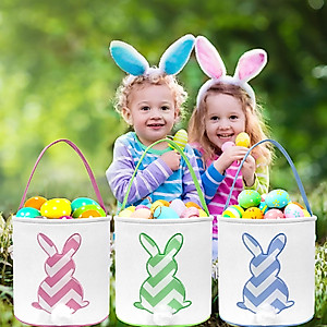 AOUTACC 3 Pack Easter Bunny Baskets, Easter Egg Hunt Bunny Bags Little Baskets with Fluffy Tail Canvas Cotton Rabbit Handbag Bucket Tote Bag for Kids Girls (Style 3,Pink + Green + Blue)