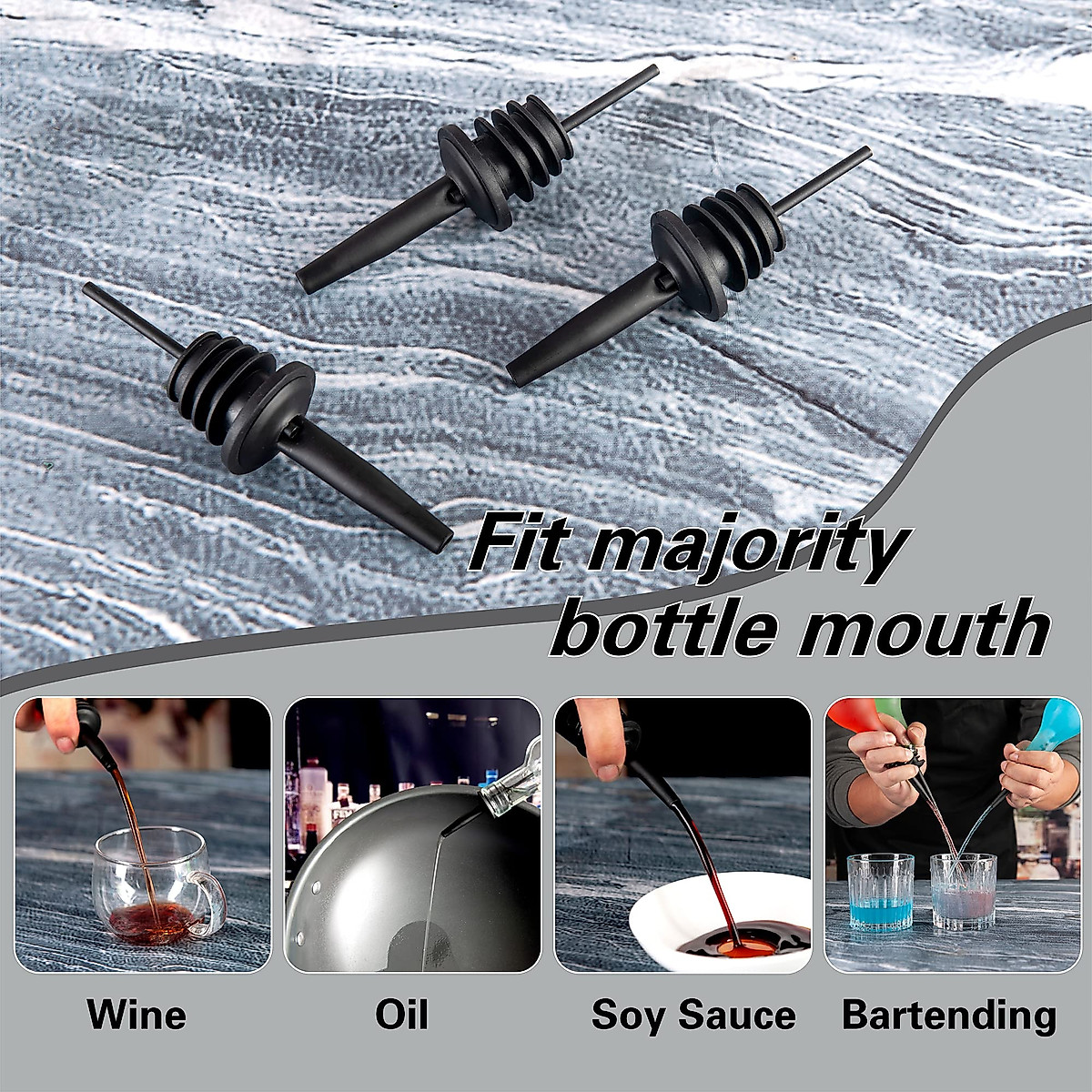 JNWINOG 12 Pack Liquor Pourers Stainless Steel Gold Classic Bottle Pourers Tapered Spout Liquor Bottle Pourers for Alcohol, Olive Oil Dispenser Spout with Rubber Cap (Matte Black)