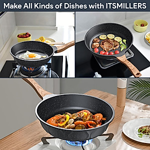 ITSMILLERS Non-stick 3 Pcs Die-cast Deep Frying Pan Set Skillet Set Egg Omelette Pan, Induction Bottom with Silicone Spatula, PFOA Free