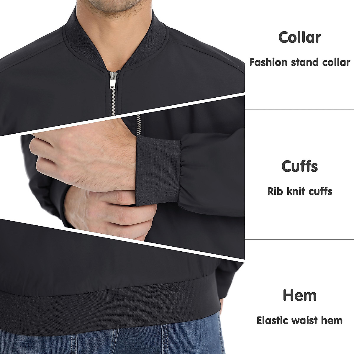 MAGNIVIT Black Bomber Coat Mens Jacket Fashion Trendy Mens Bomber Coats Lightweight Windbreaker Jackets Lightweight Full Zip Flight Jacket