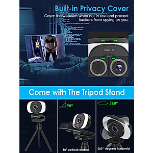 MOSONTH Webcam with Microphone, 60FPS Autofocus Computer Camera with 3 Light Colors, Web Camera with Built-in Privacy Cover, Tripod, Streaming Webcam for Conferencing, Teaching