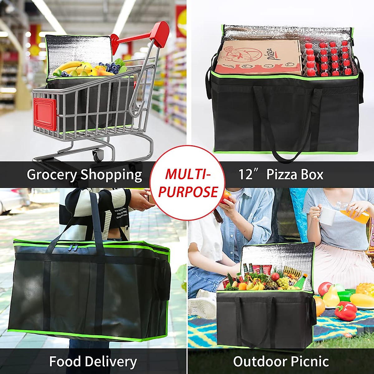 CIVJET 1-Pack Insulated Food Delivery Bag, XXX-Large Commercial Food Warmer for Uber Eats/Doordash, Insulated Reusable Grocery Cooler/Hot Bags, Tote Bag for Shopping/Travel, Black with Green Edge