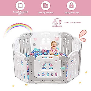 Costzon Baby Playpen 10-Panel Foldable Kids Play Yard, Indoor Outdoor Portable Baby Fence w/Additional Table Panels, Seat Stool, Lockable Gate & Educational Toys, Adjustable Shape (10-Panel)