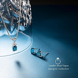 PEORA London Blue Topaz with Diamond Solitaire Pendant for Women 14K White Gold, Genuine Gemstone Birthstone, 3 Carats Oval Shape 10x8mm