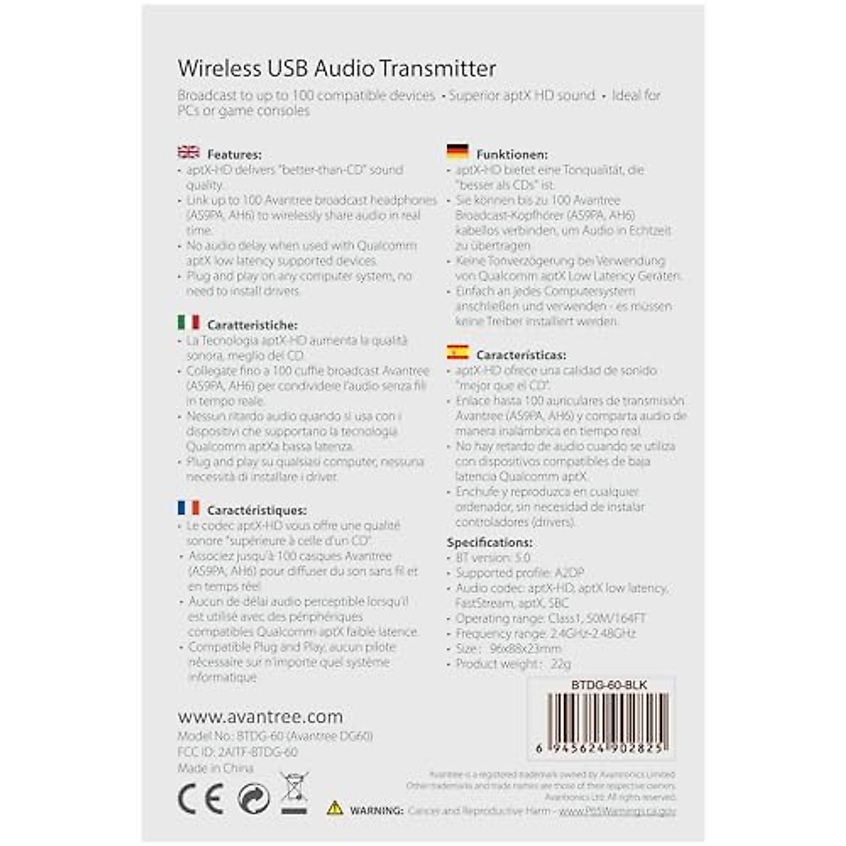 Avantree DG60 Long Range Bluetooth 5.0 USB Audio Adapter for PC Laptop Mac PS4 PS5 Linux, Superior Sound Wireless Audio Dongle for Headphones Speakers, aptX Low Latency, Plug and Play (Audio ONLY)