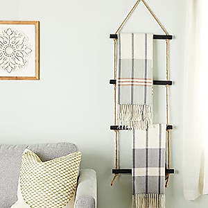 4-Rung Hanging Blanket Ladder, Wooden Rustic Towel Racks for Bathroom with Rope for Bathroom Decor, Black (17 x 60 in)