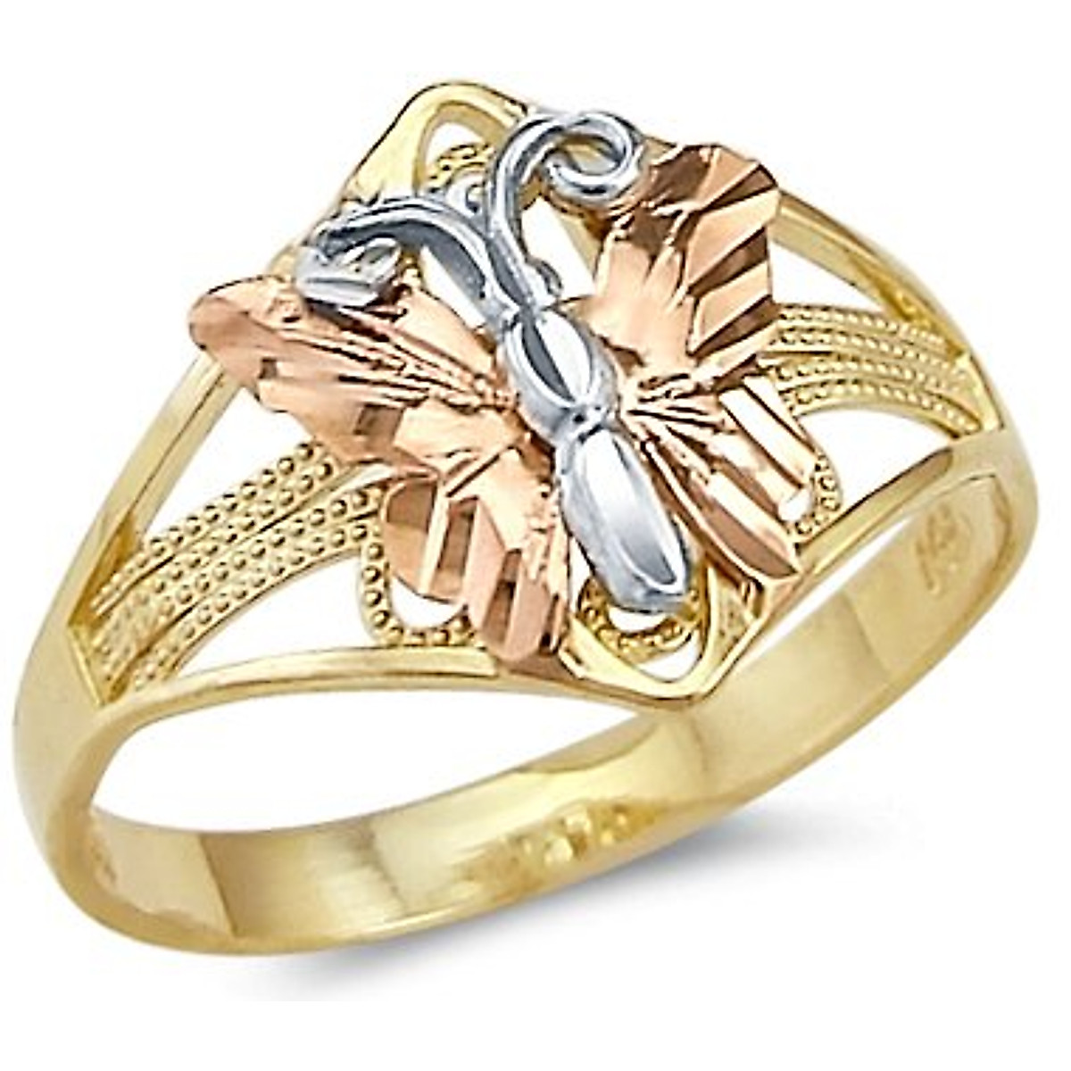 Sonia Jewels Size- 4.5-14k Yellow White n Rose Three Color Gold Butterfly Ring