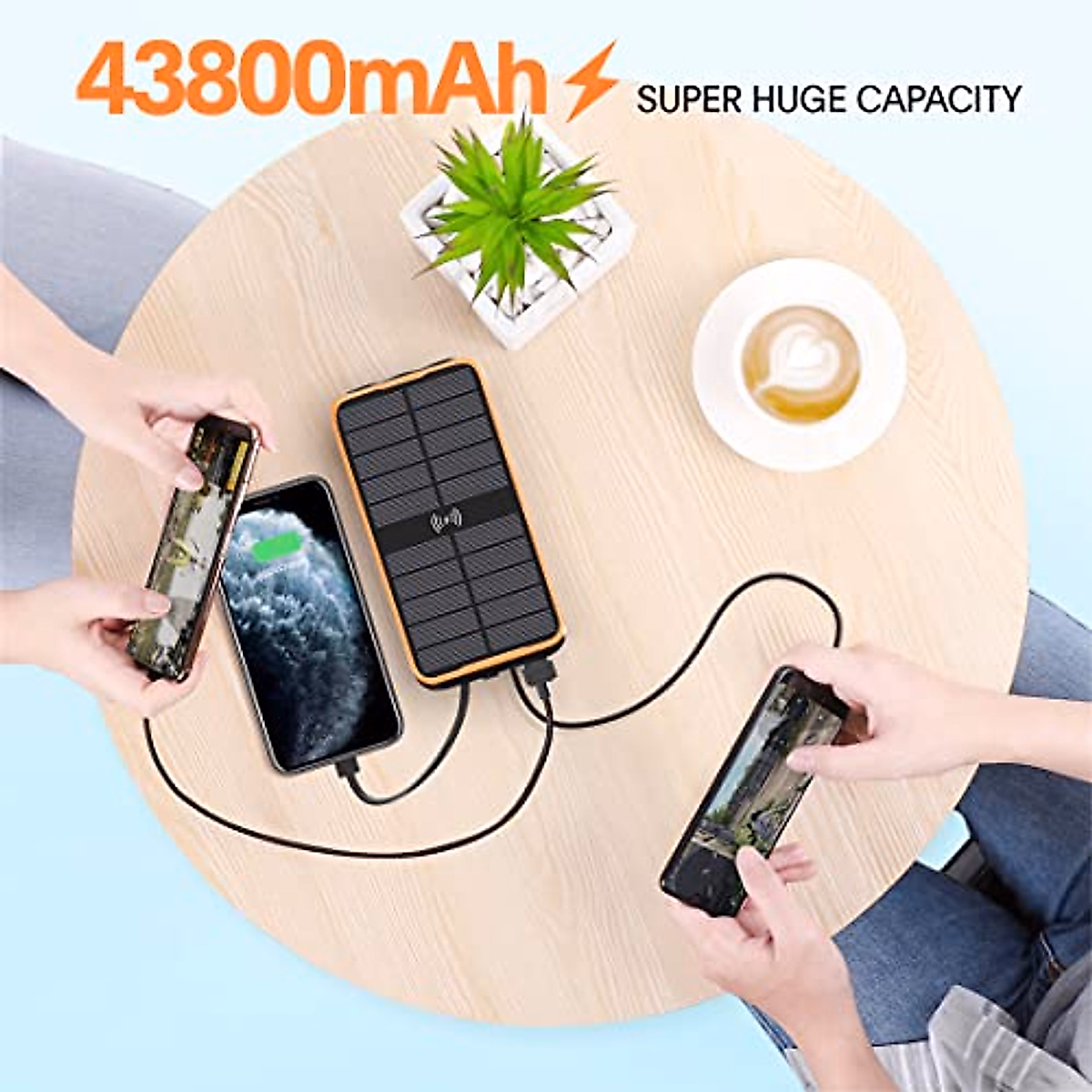 Solar-Charger-Power-Bank - Portable Charger,43800mAh Qc3.0 Fast Charging Qi 10W Wireless Portable Charger Built-in 2 Kinds Output Cable and 680Lumen Bright flashlights (Orange)