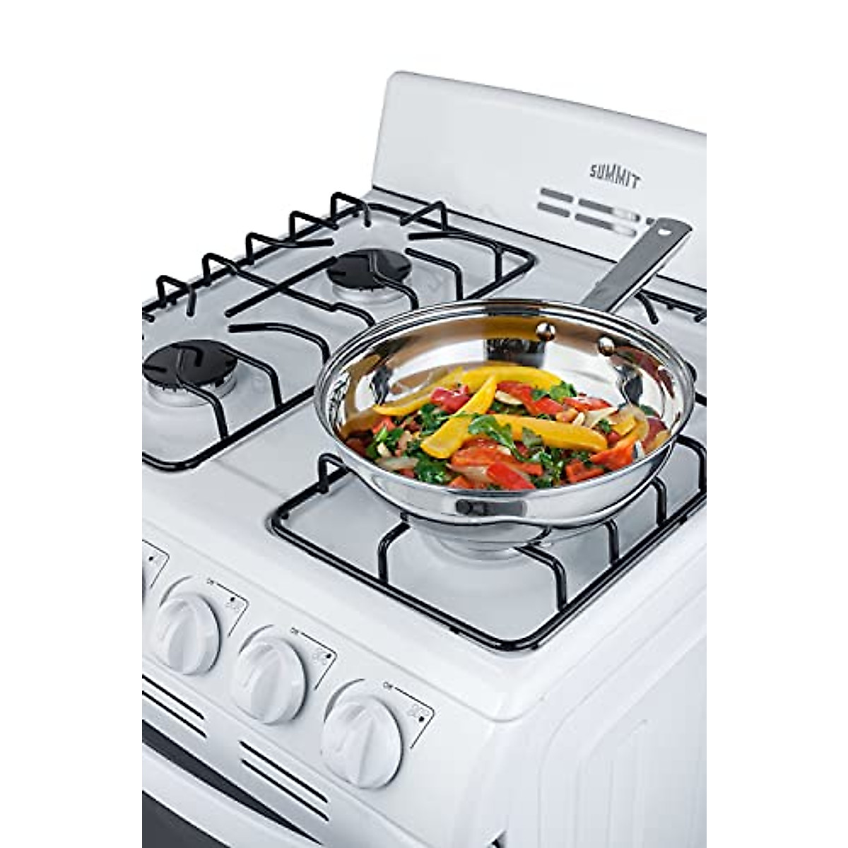 Summit RG244WS 24"" Freestanding Gas Range with 2.9 cu. ft. Oven Capacity Electronic Ignition High Backguard Broiler Drawer Continuous Grates and Safety Brake System for Oven Racks in White