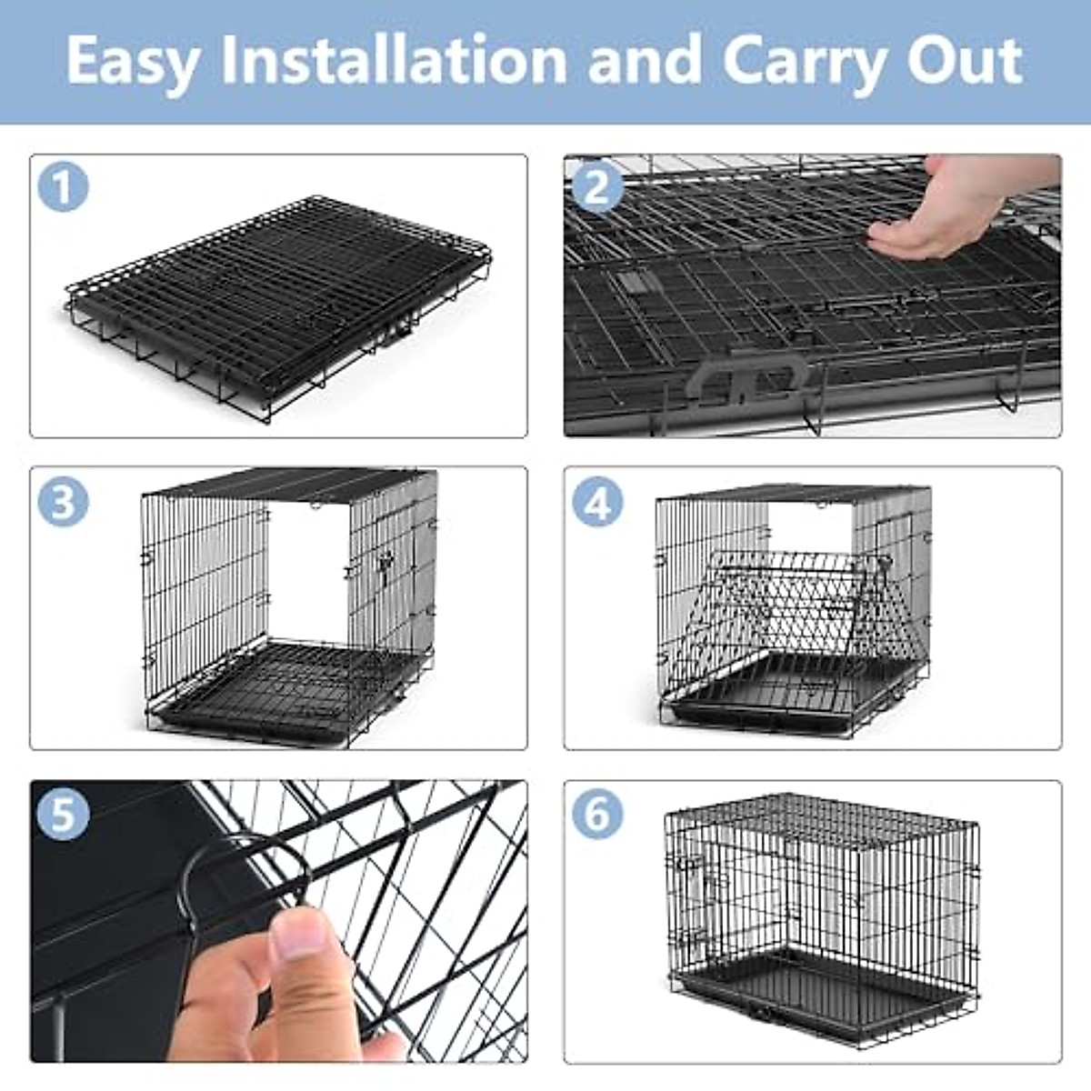 48 Inch Dog Crates for Large Dogs with PP Leak-Proof Dog Pan,XL Double Door Folding Metal Pet Crate with 3 pcs Slide Bolt Latch，Animal Cage Indoor Outdoor Dog Kennel