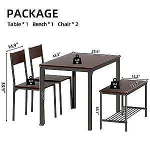 SogesGame Dining Table Set for 4, 43" Dining Room Table with Bench and 2 Chairs, 4 Pieces Modern Kitchen Table Set for Breakfast Nook, Dinette, Kitchen and Dining Room, Dark Walnut