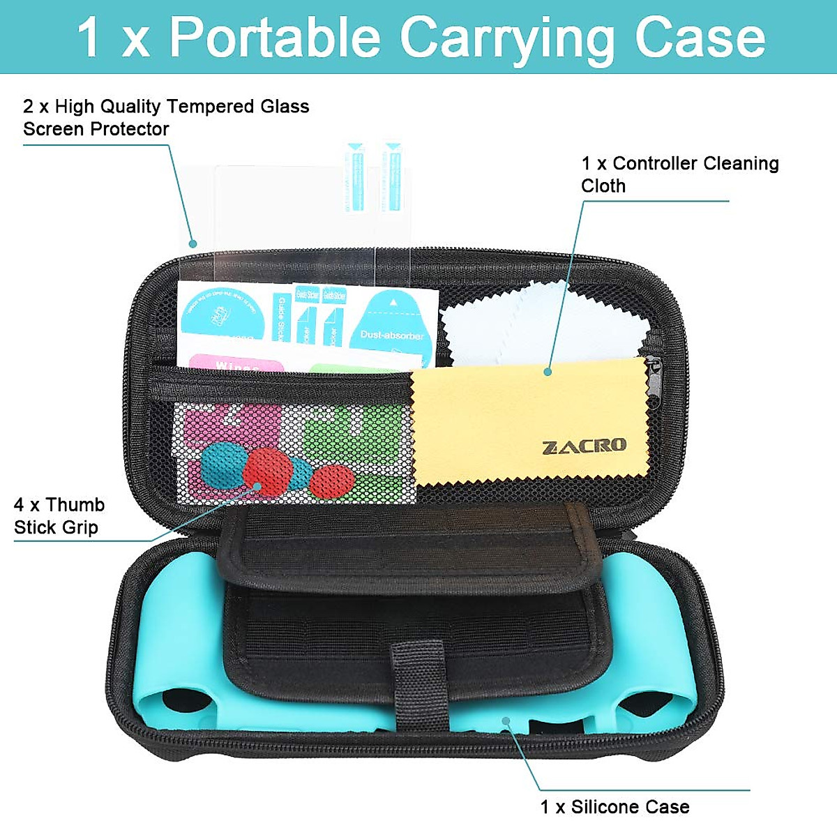 Zacro Carrying Case kits for Nintendo Switch Lite, can Store 20 Game Cassettes, include 1 Silicone Grip Protector, 2 HD screen protectors, 1 Type-C Charging Cable and 2 pairs Handle Caps