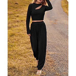 BTFBM Women's 2 Piece Tracksuit Outfits Cutout Long Sleeve Crop Top Wide Leg Pant Ribbed Knit Sweatsuits Yoga Lounge Set(Solid Black, X-Large)