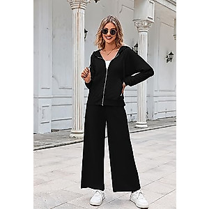 Kisscynest Women's 2 Piece Outfits Lounge Set Zip Up Hoodies High Waist Wide Leg Pants Sweatsuit Black L