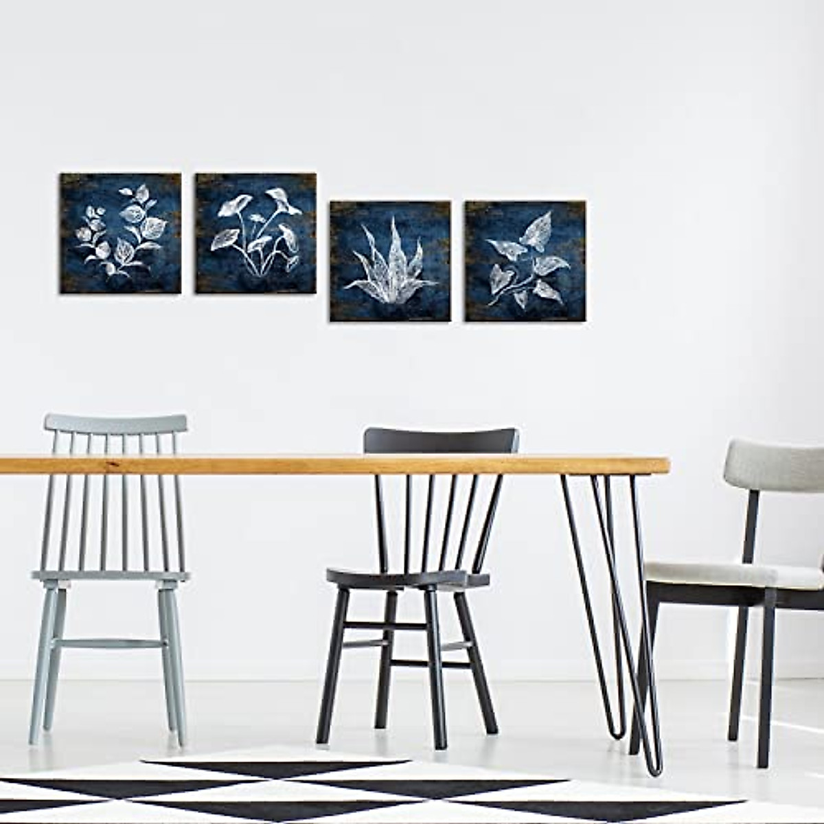 KLVOS Leaf Picture Wall Art Prints Navy Blue Tropical Plant Green Leaf Inspirational Canvas Prints Artwork Rustic Natural Leaves Framed Wall Decor for Bathroom Bedroom Living Room