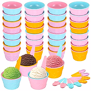 40 Pack Ice Cream Bowls and Spoons Set for Kids Bulk Plastic Pastel Colors Ice Cream Bowls Reusable Sundae Dessert Frozen Yogurt Bowls for Holiday Birthday Ice Cream Party Supplies Decorations
