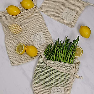 Reusable Produce Bags Organic Cotton | Home Essentials Sustainable Living, Washable Laundry, Travel Organizer, Zero Waste Biodegradable Drawstring Vegetable Mesh Grocery Bag | Set of 7 w/Tare Weights