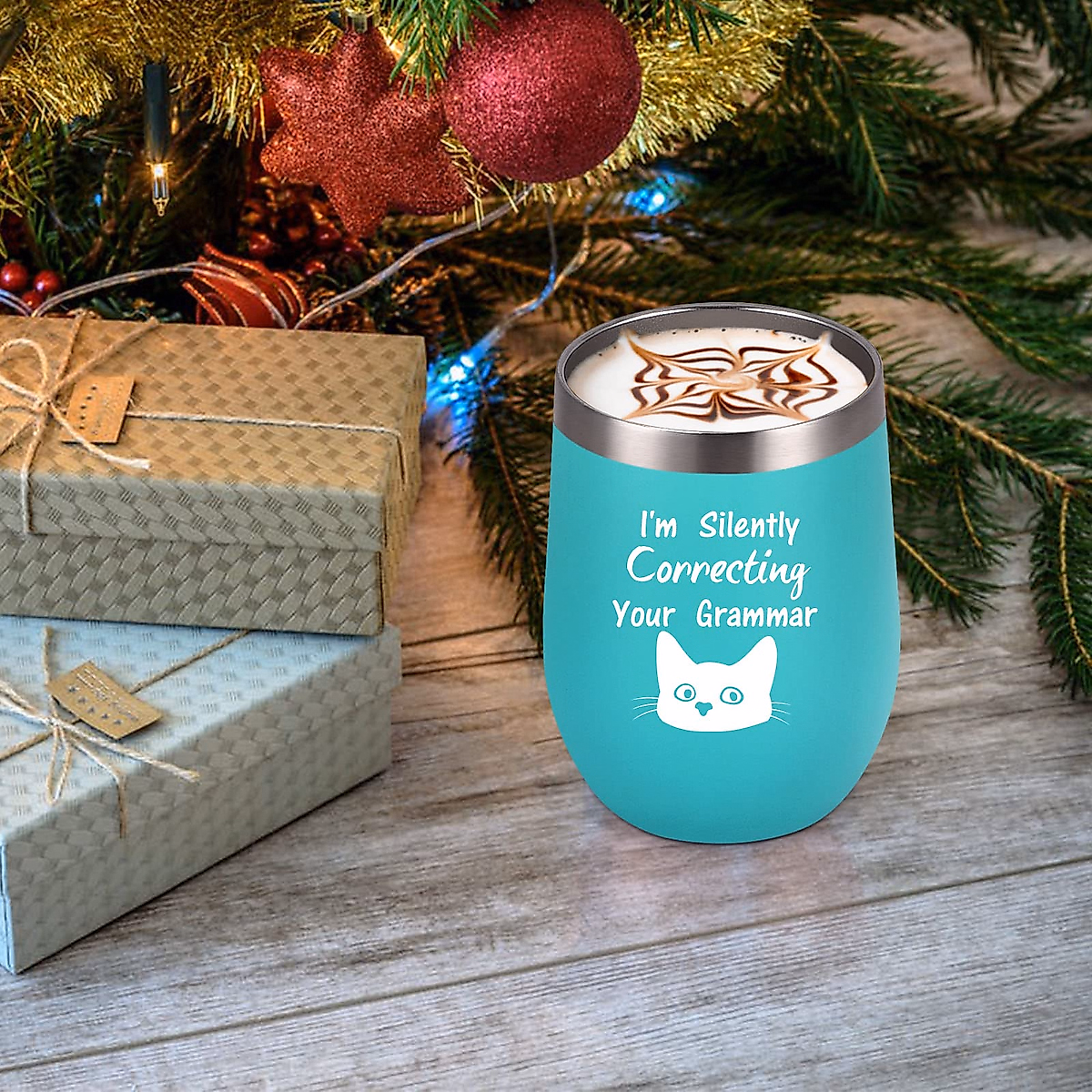 Qtencas Cat I'm Silently Correcting Grammar Wine Tumbler, Christmas Birthday Gifts for English Teachers, Grammar Police, Cat Lovers, Women, Funny Insulated Stainless Steel Tumbler (12Oz, Mint)