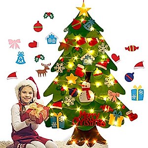 Bonwuno Christmas Tree Felt, 29 * 25 * 6 Felt Christmas Tree DIY Soft Christmas Tree with Ornaments and Fairy Lights (Assorted Color)