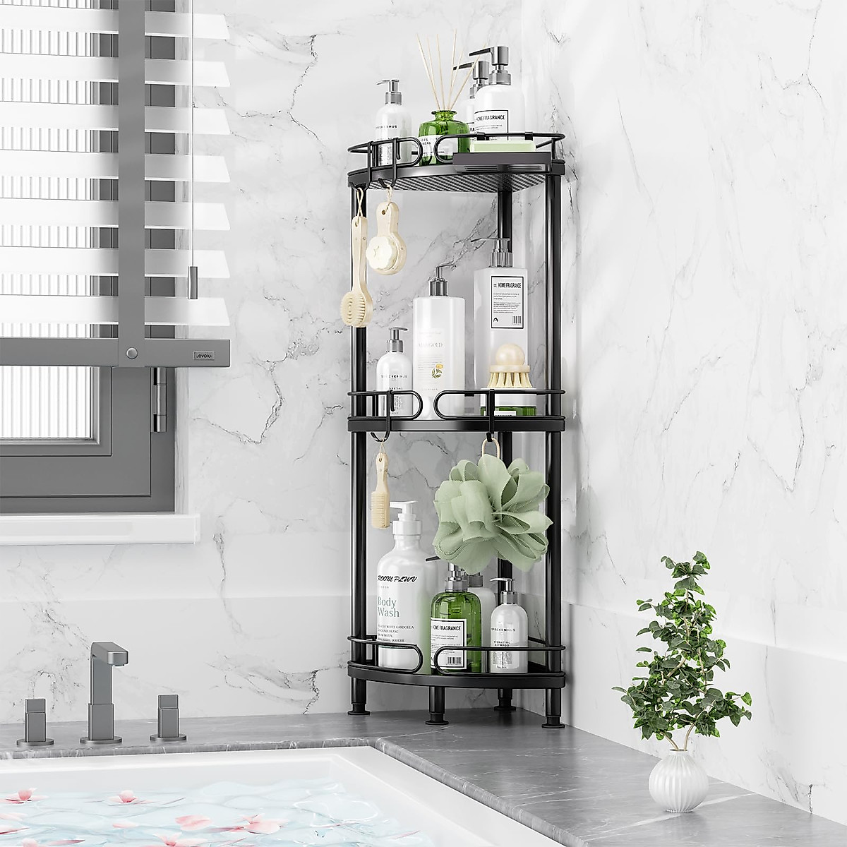 SWTYMIKI Corner Shower Caddy Standing - 3 Tier Stainless Steel Shower Organizer Stand with 4 Hooks & Soap Holder, Rustproof Metal Standing Tall Floor Shower Shelf and Bathroom Organizer, Black