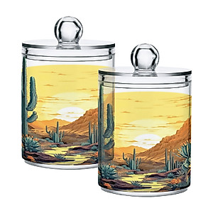 Msyxl 2 Pack Cactus Plants Apothecary Jars with Lid, Qtip Holder Storage Containers for Cotton Ball, Swabs, Pads, Clear Plastic Canisters for Bathroom Vanity Organization (10 Oz)