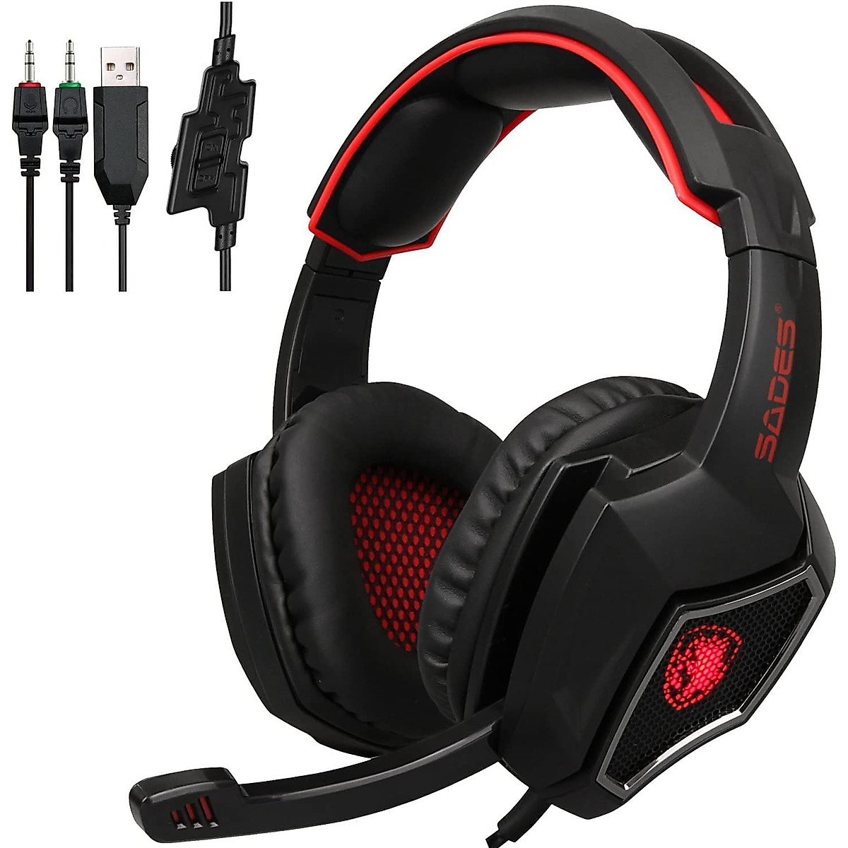 SADES 3.5mm Stereo Surround Sound Gaming Headset with Mic, Noise Cancelling & Led Light & Volume Control Over Ear Gamer Headphones, Red Headset for PC MAC Laptop Computer Games