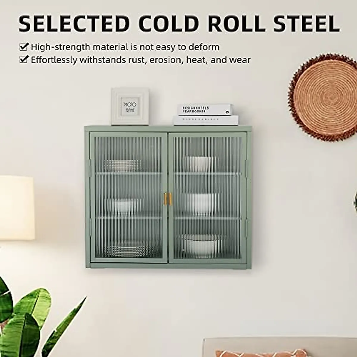 HomSof Wall Cabinet Haze Double Glass Door Detachable Shelves for Office, Dining, Living Room, Kitchen and Bathroom, Mint Green