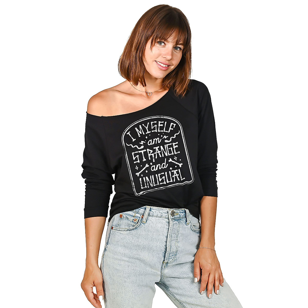 I Myself Am Strange and Unusual Women's Fashion Slouchy 3/4 Sleeves Raglan Lightweight Sweatshirt Black Medium