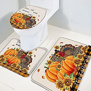 3 Pieces Bath Rugs Sets Farm Fall Harvest Soft Non-Slip Absorbent Toilet Seat Cover U-Shaped Toilet Mat for Bathroom Decor Thanksgiving Turkey Pumpkins
