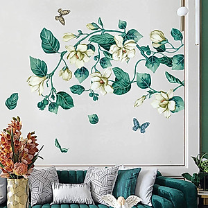 LiveGallery Removable Vinyl Fresh Green Leaf and White Flower Wall Sticker Murals Kids Girls Bedroom Nursery Rooms Wall Decals 3D Peel and Stick Decor for Home Living Room Offices Wall Corner
