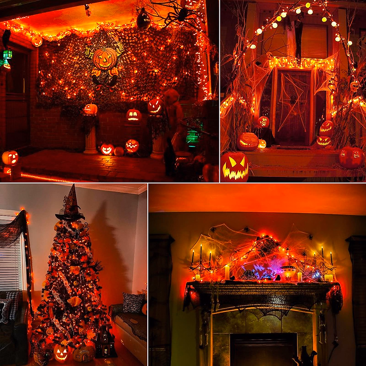 Orange Lights, 2 Packs Each 66 Feet 200 LED Solar Fairy Lights, Halloween Lights Outdoor with 8 Modes, Waterproof Twinkle Fall Lights for Patio Yard Trees Party, Black Wire