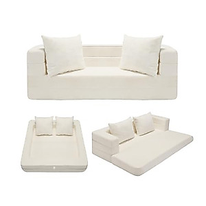 Cansunna Folding Bean Bag Chair for Adults,3-in-1 Bean Bag Couch Faux Fur Floor Sofa Large Beanbag Convertible Bean Bag Sofa Bed with Pillow,Bedroom,Living Room(Large,Milky White)