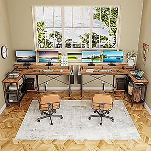 Furologee L Shaped Computer Desk with LED Lights & Power Outlet, Gaming Desk with 2 Reversible Storage Shelves, Corner Desk with 50" Monitor Stand, Writing Study Table with Cloth Bag for Home Office