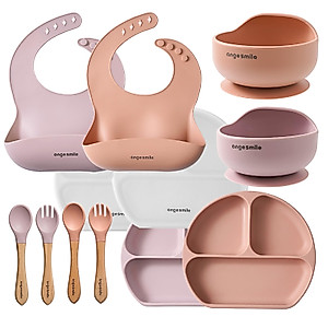 Baby Feeding Essentials Silicone Ange Smile 12 Set Bib, Baby Bowl, Suction Plate, Spoon, Fork Eating Utensils for 6+ Months Kids Toddler Kawaii Pink Peach