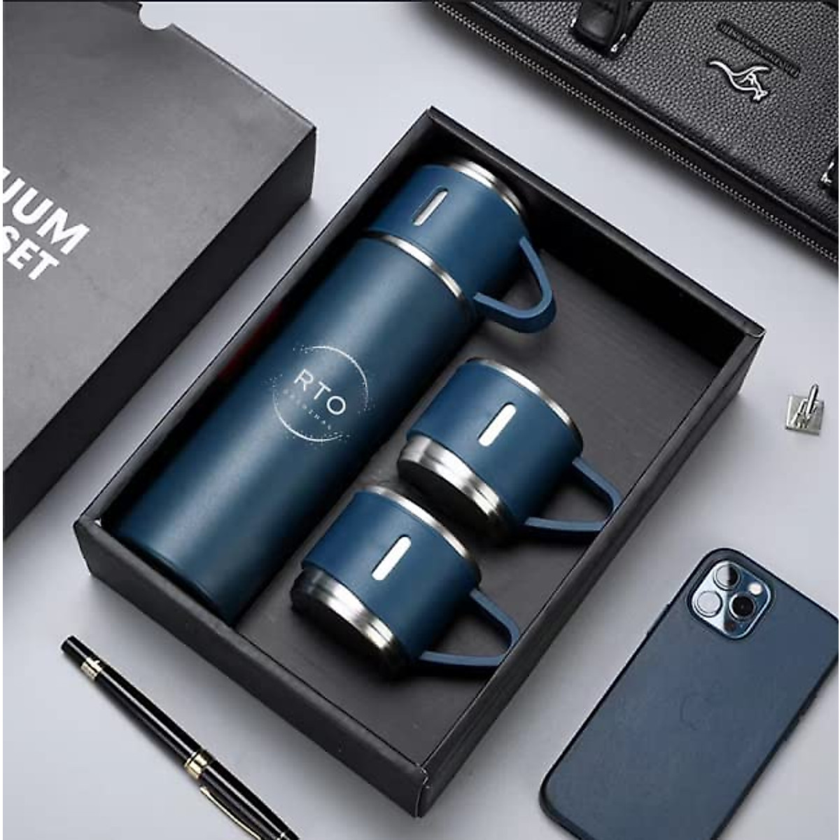 RTO Original Coffee Thermos Set with 3 Cups, Stainless Steel Insulated Flask 500ml/16oz for Hot & Cold Drinking, Also Includes Protection Box for Portability (Blue)