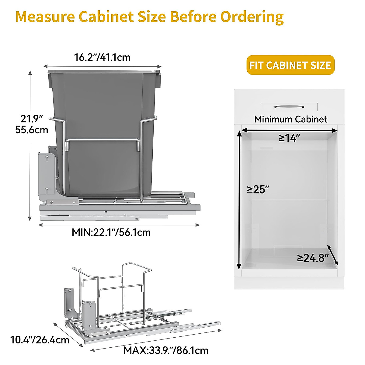 37-Quart (L) Pull-Out Trash Can with Soft Close for 14" W x 24.8" D x 25" H Min Cabinets, Sliding Under Mount Kitchen Pullout Waste Container Trash Can, Gray