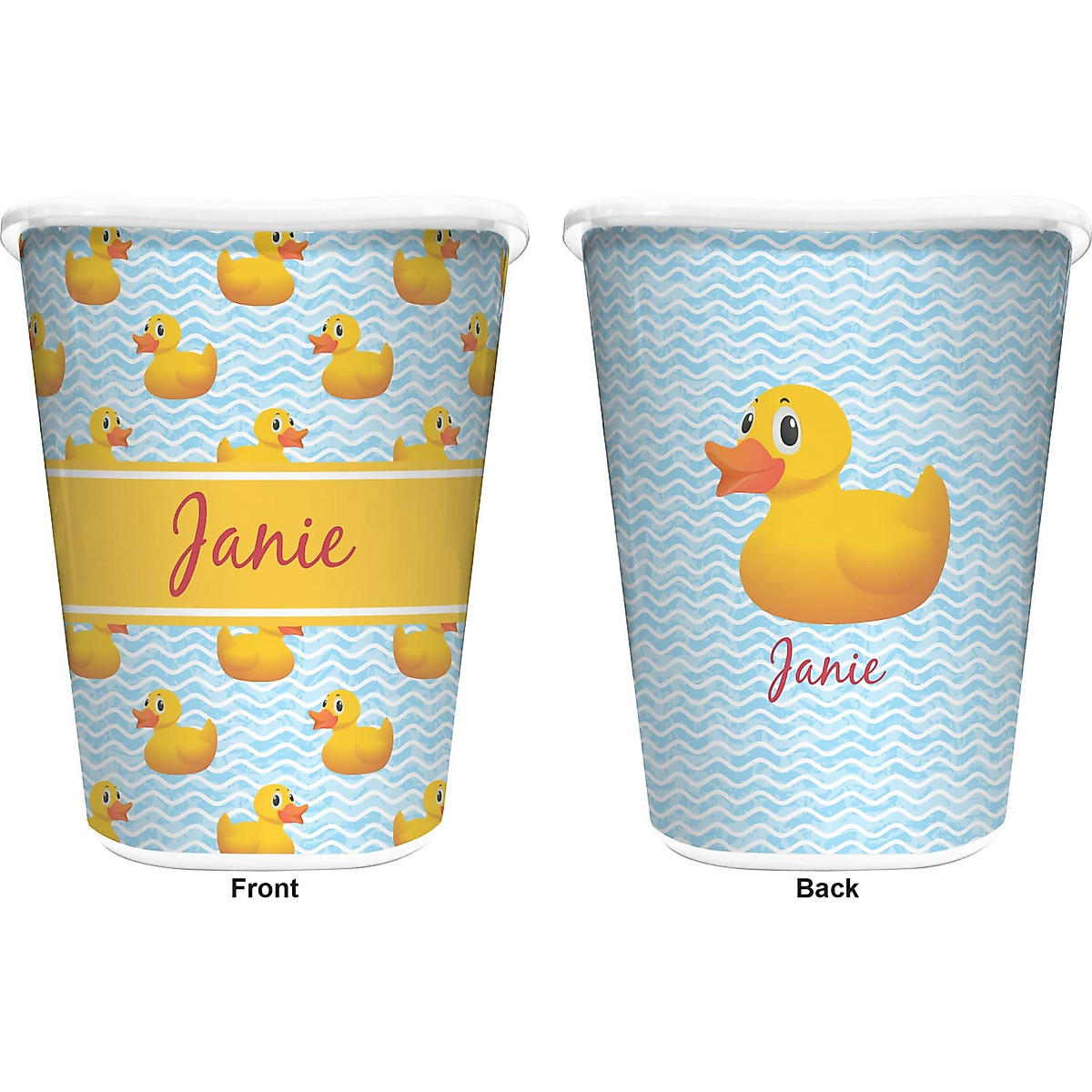 RNK Shops Personalized Rubber Duckie Waste Basket - Double Sided (White)