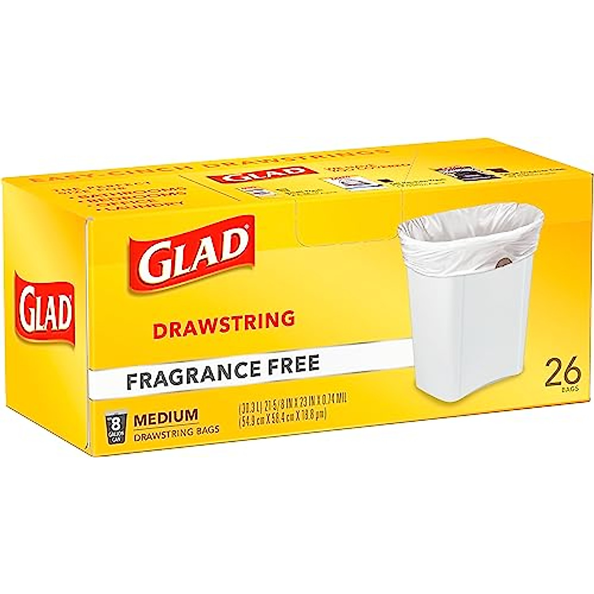 Glad Medium Drawstring Trash Bags, 8 Gallon, White, Fragrance Free, 26 Count, Pack May Vary