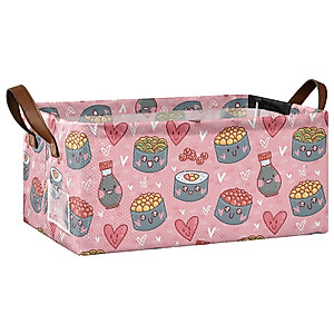 SLHKPNS Collapsible Storage Bins with Handles Sushi Coke Storage Baskets for Shelves and Closet with Metal Frame Organizer Bins for Clothing,1PC,16.9"x11.4"x7.7", Pink Hearts