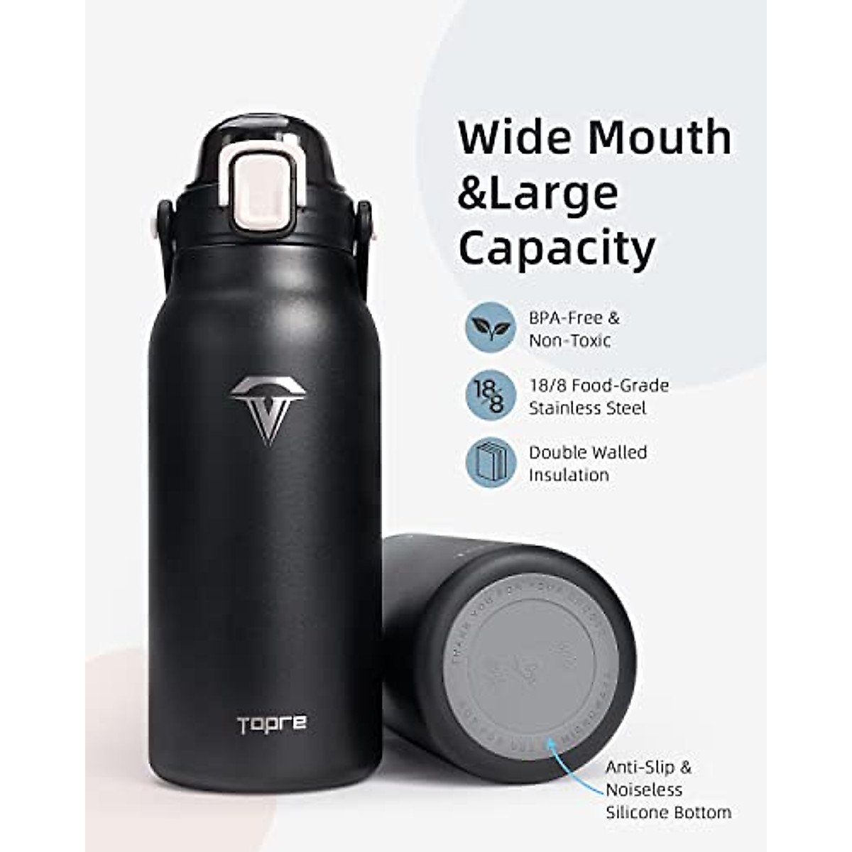 Topre 64 oz Insulated Water Bottle, Half Gallon Vacuum Double Walled Stainless Steel Large Metal Flask, Wide Mouth Jug with Handle Straw Auto Chug Lids,Keeps Cold & Hot for Sports Gym,Black