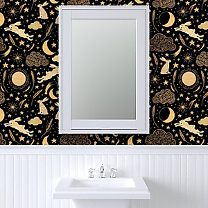 Peel & Stick Wallpaper 6ft x 2ft - Moon Hares Golden Black Stars Clouds Gold Night Custom Removable Wallpaper by Spoonflower