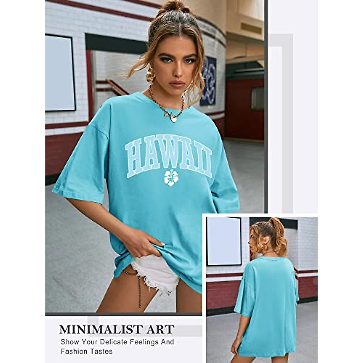 Ezcosplay Women Oversized T Shirts Graphic Tees Casual Drop Shoulder Tops Cute Hawaii Vacation Shirt