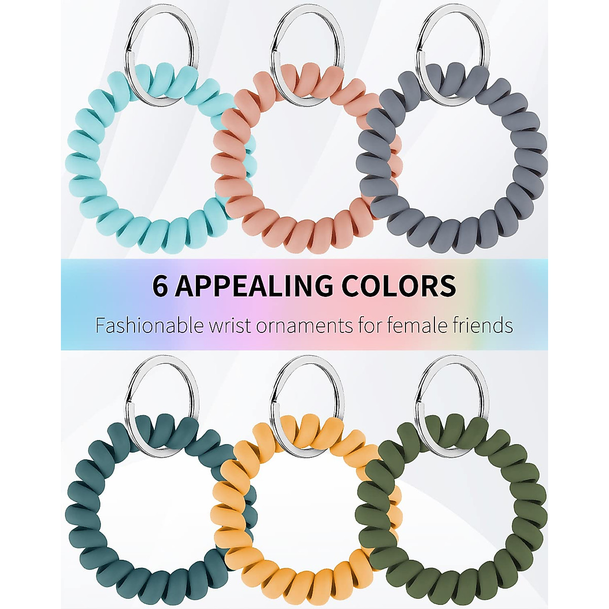 Uniclife 6 PCS Wristlet Keychain Flexible Plastic Spring Spiral Coil Key Holder with Silver Key Ring Chain Holder Tag Stretchable Wristband Bracelet Hair Tie for ID Badge Sauna Gym and Outdoor Sports