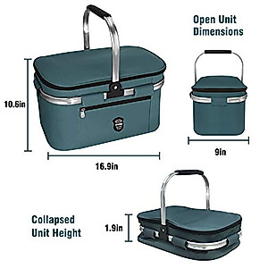 UPBOXN Insulated Cooler Bag Picnic Basket, 27L Leakproof Collapsible Portable Cooler, Grocery Bag Picnic kit with Aluminium Handle for Travel, Shopping, Camping, Music Festival Oktoberfest, Navy